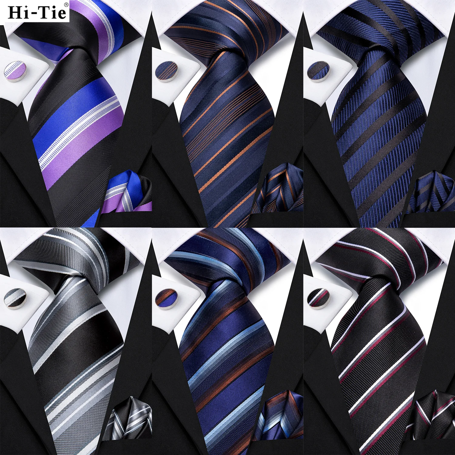 Hi-Tie-Navy-Blue-Striped-Silk-Tie-For-Men-Elegant-Men-Necktie-Pocket ...