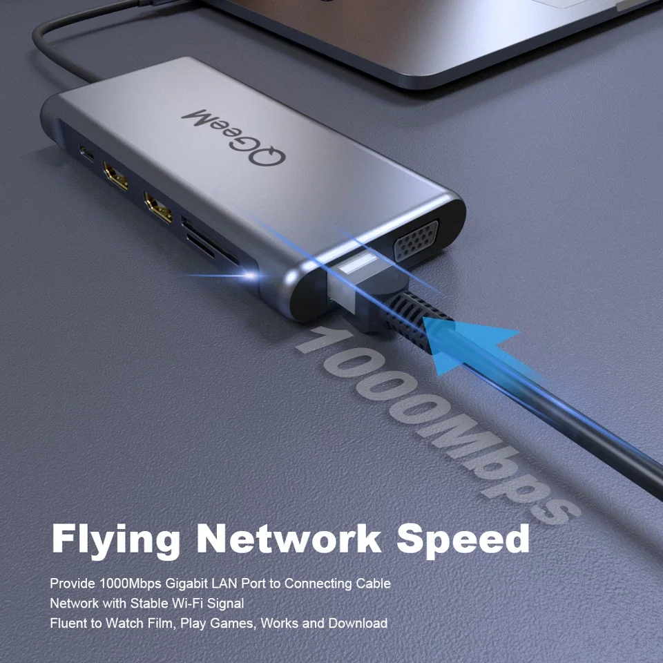 Qgeem 맥북 프로용 Usb C 허브 4k 듀얼 Hdmi Vga 마이크로 Sd 카드 리더기 트리플 디스플레이 C형 허브