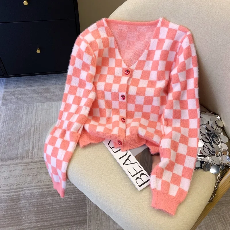 Casual-Loose-Cute-Pink-Plaid-Chess-Cardigan-Sweater-Knitted-Long-Sleeve ...