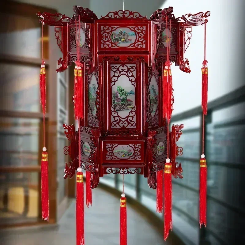 Chinese Lantern Carved Wooden Palace Lantern Hexagonal Red Housewarming ...