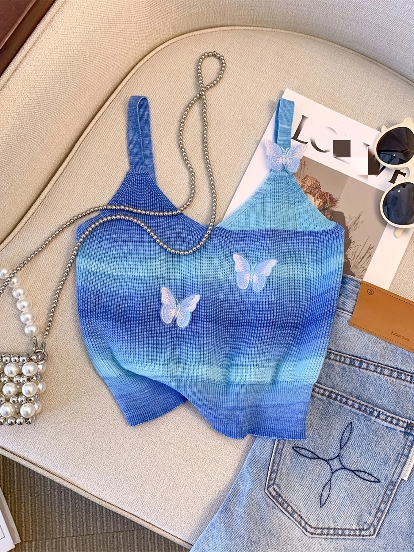 2024 Women's Gradient Knitted Cami Top Butterfly Pattern, Casual V Neck ...