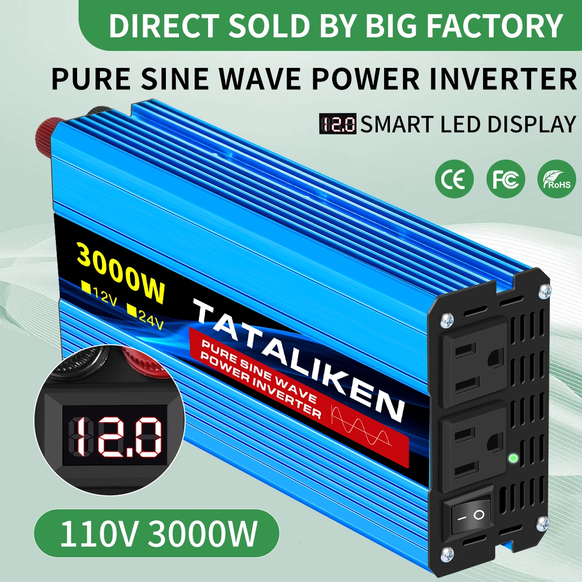 3000W Power Inverter Pure Sine Wave 12V to 110V Inverter for Truck RV ...