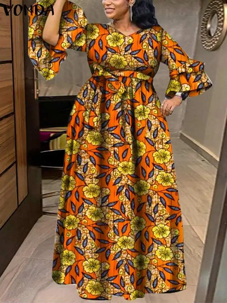 VONDA Women Floral Printed Dress 2024 Vintage V-Neck Long Sleeve ...