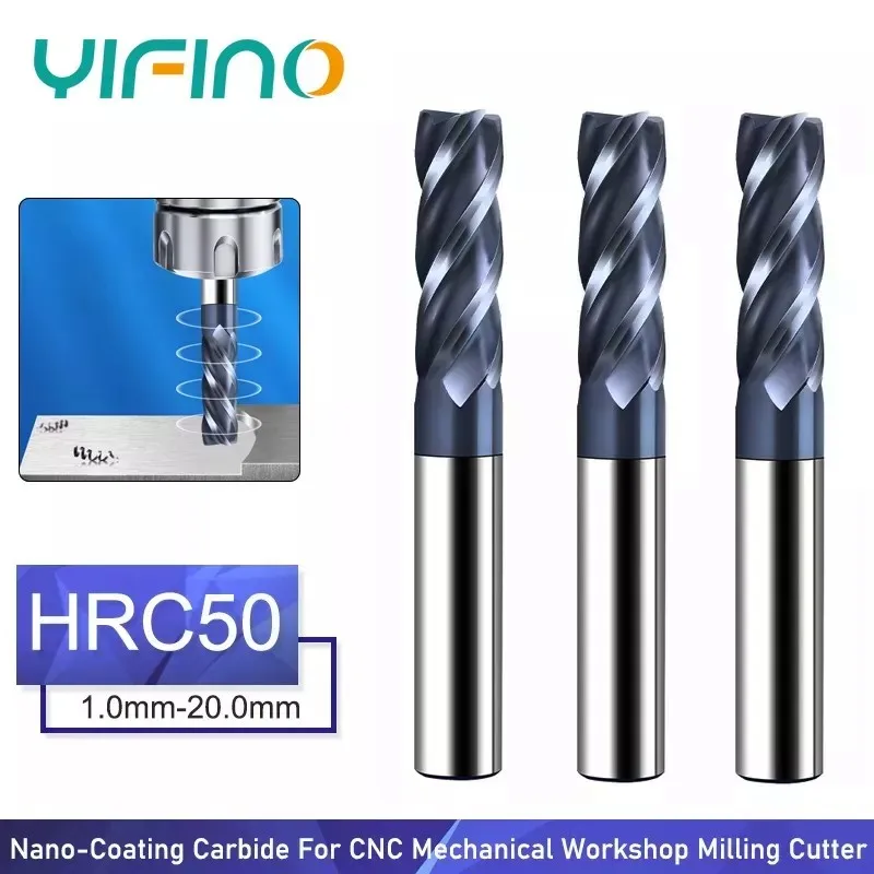 YIFINO HRC50 Tungsten Steel End Mill 4-Blade Flat Bottomed Knife Nano ...