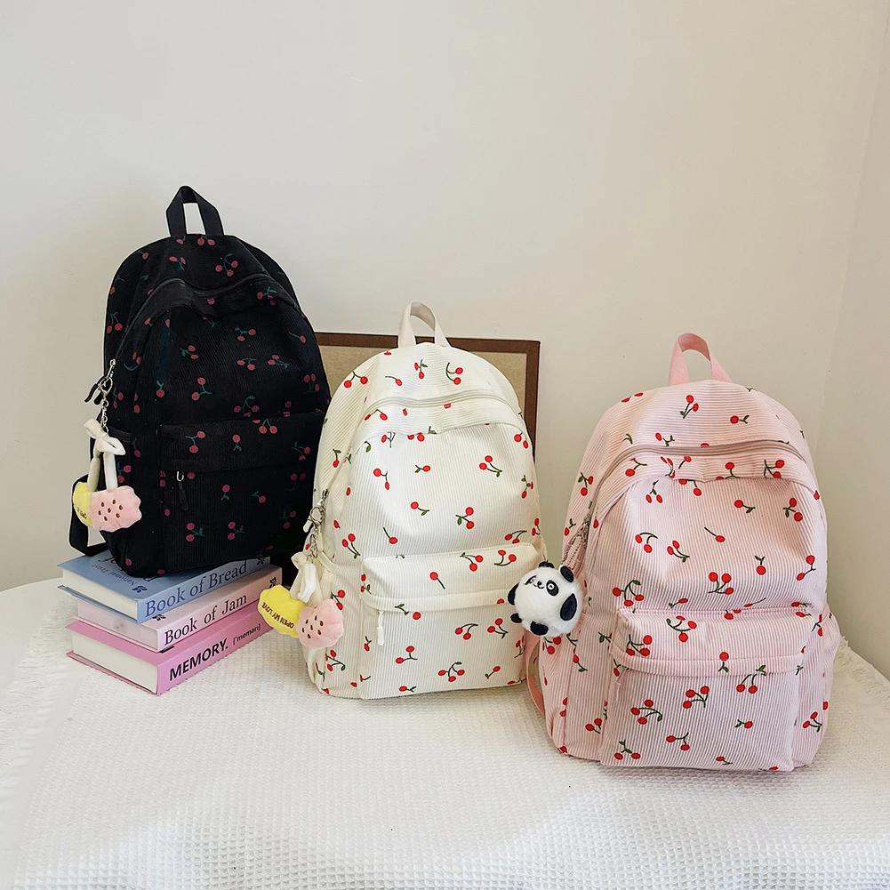 Corduroy Backpack Cherry Pattern Women Travel Daypack Adjustable Strap ...