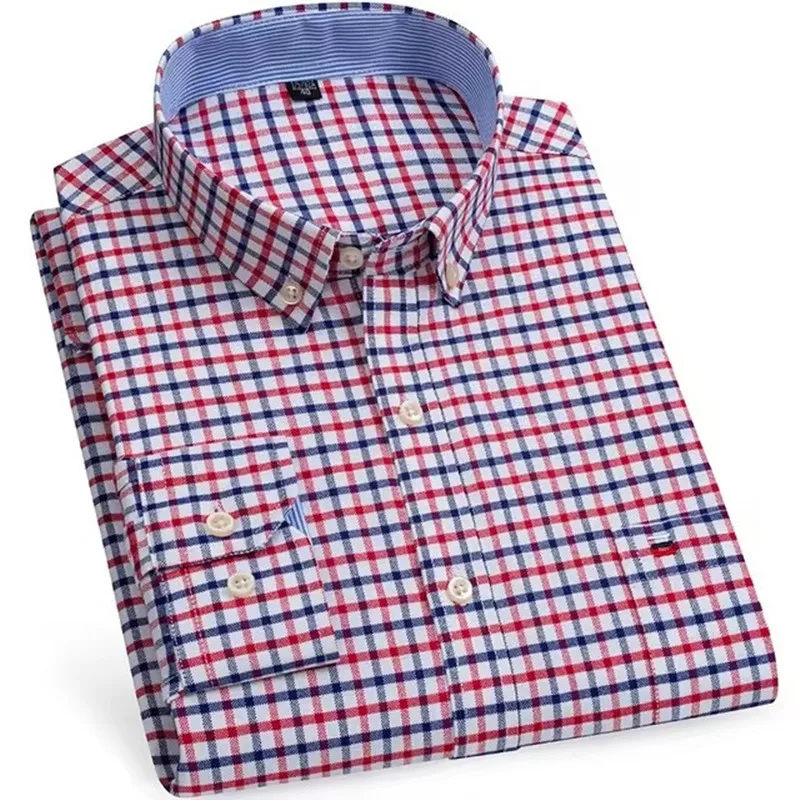 Men-s-Versatile-Casual-Checkered-Oxford-Cotton-Shirts-Single-Pocket ...
