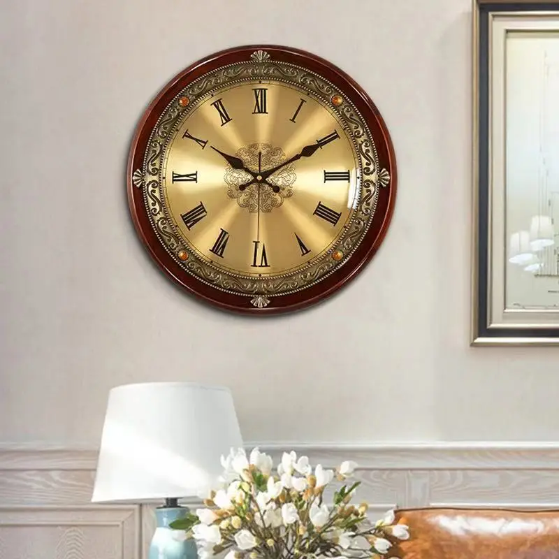 Luxury-Round-Solid-Wood-Clock-Metal-Retro-Nordic-Style-Silent-Wall ...