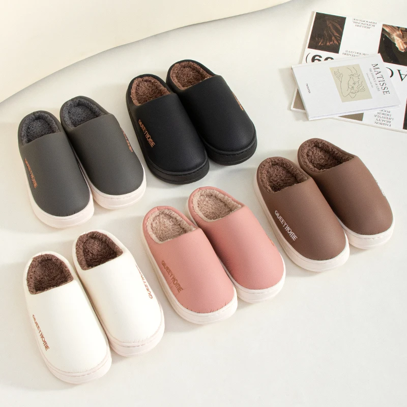 Queey-Home-Winter-Women-PU-Waterproof-Shoe-Upper-Cotton-Slippers ...