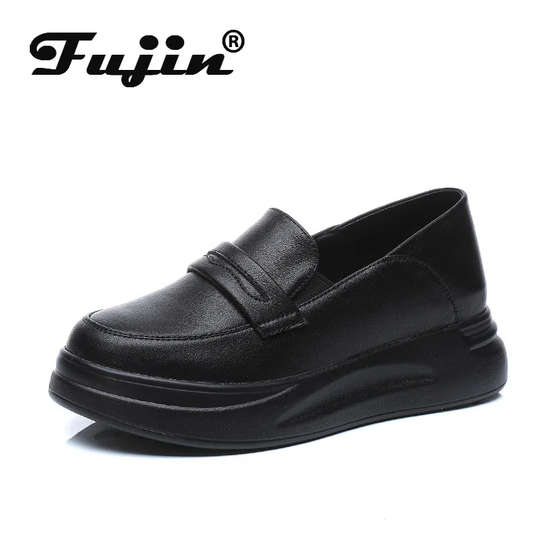 Fujin zapatos Mary Janes de piel auténtica para mujer, calzado informal con plataforma y cuña ...