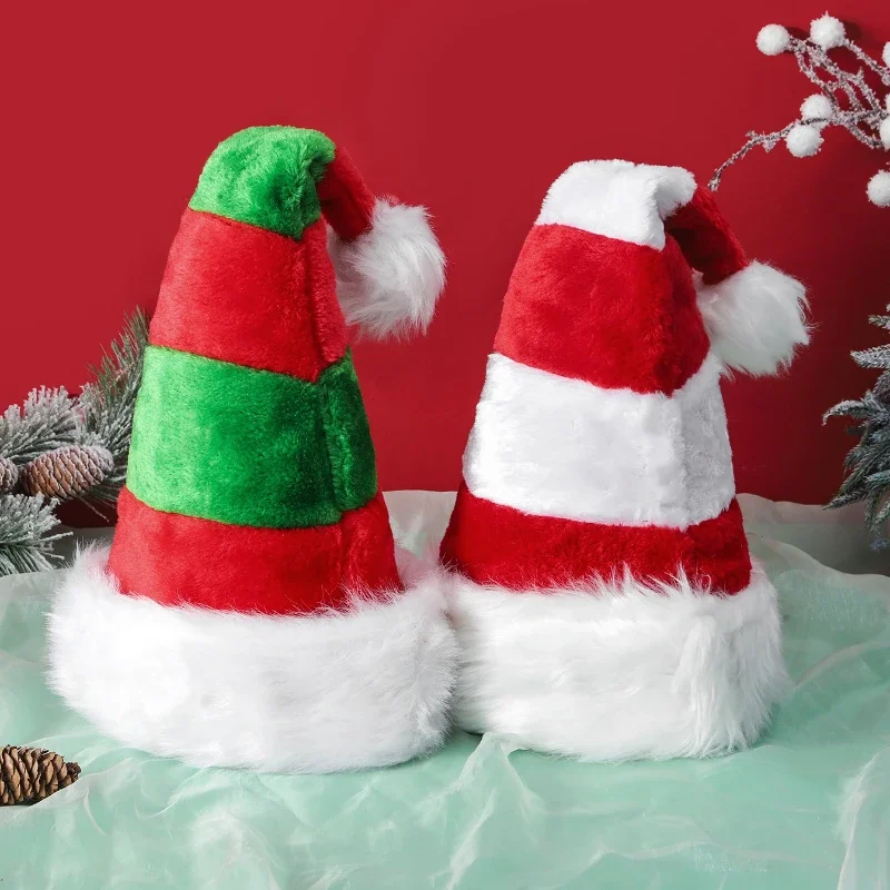 Christmas-Soft-Hat-Santa-Claus-Red-Green-Stripe-Short-Plush-Noel-Cap ...