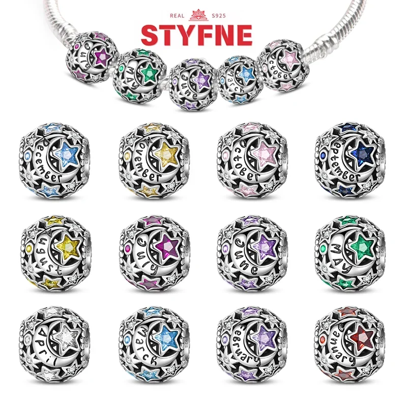 Silver 925 Round Birthstone Charm Shiny Star Zircon Bead Fit Original ...