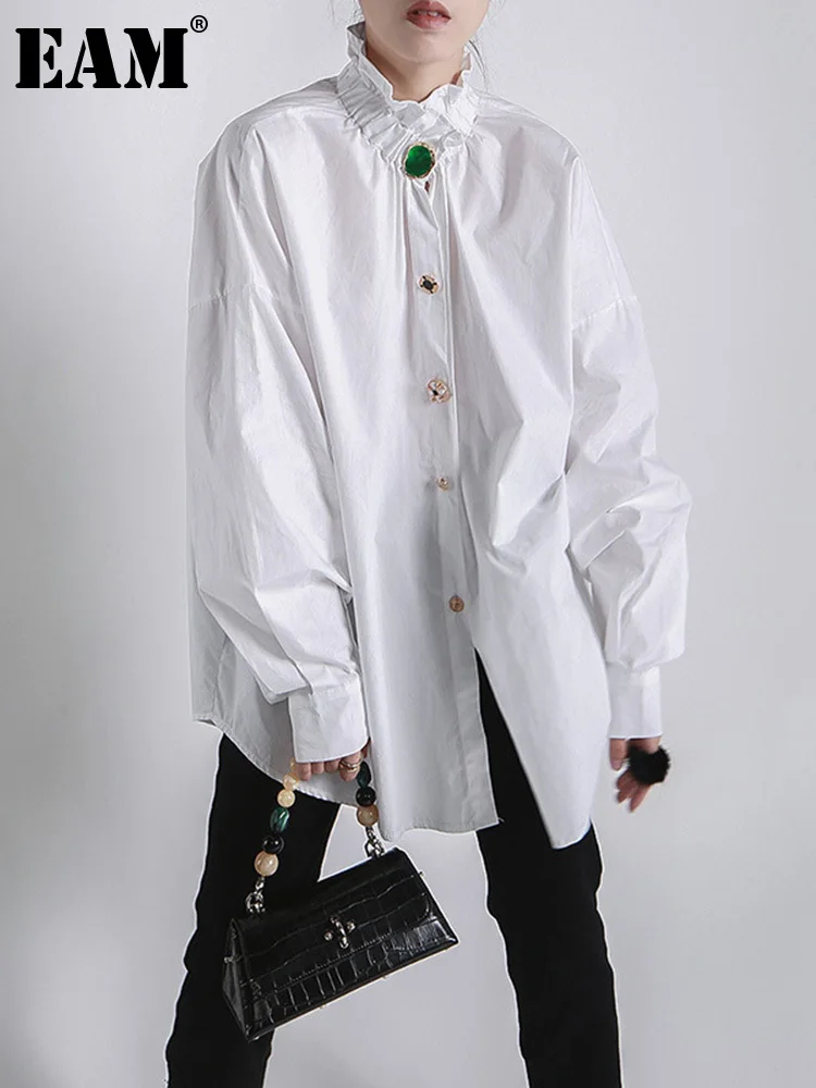 EAM-Women-Big-Size-Button-Decoration-White-Blouse-New-Stand-Collar-Long ...