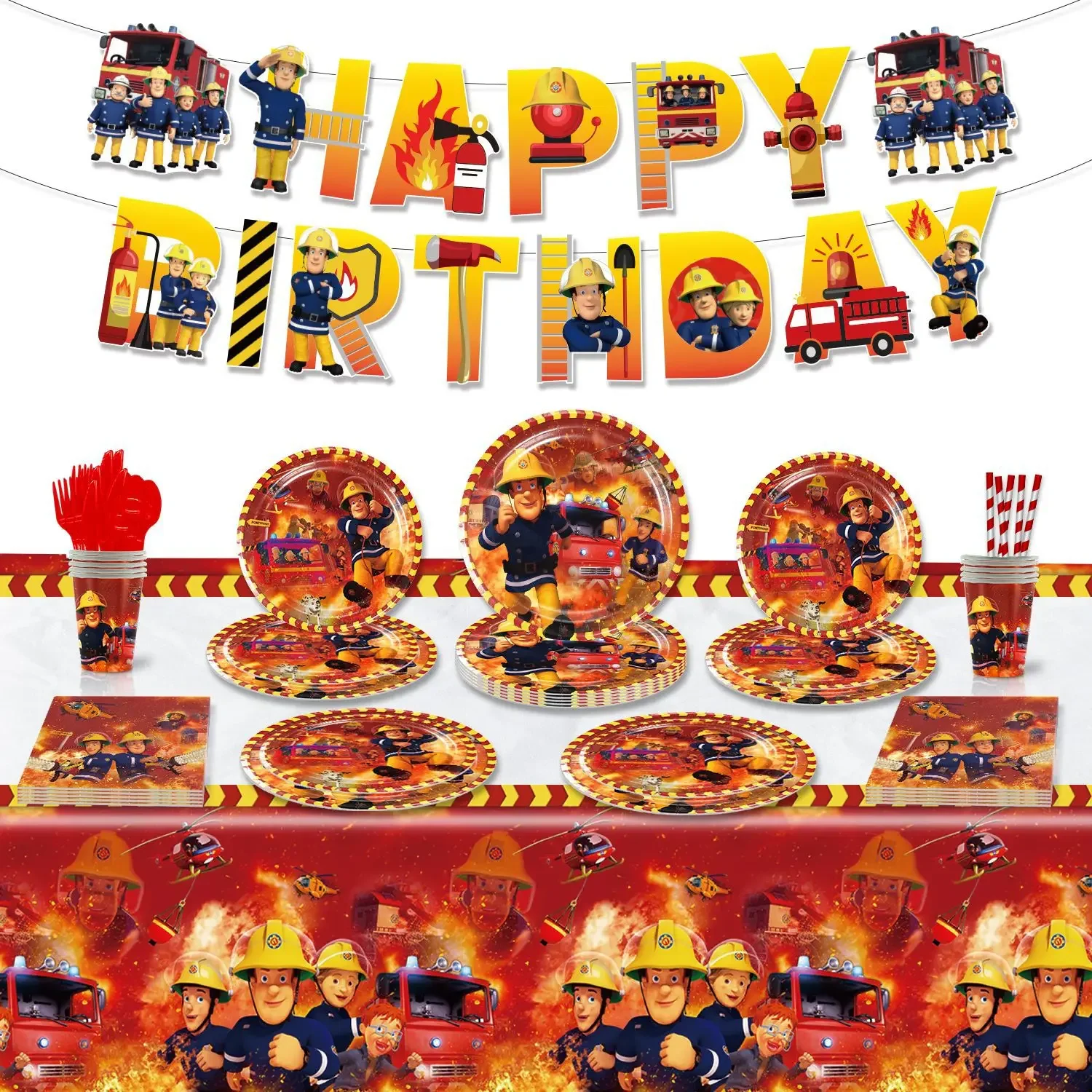 Fireman-Sam-Themed-Tableware-Paper-Plate-Cup-Table-cloth-Fire-Truck ...