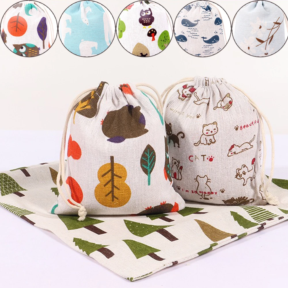 Print-Drawstring-Bag-Cotton-Fabric-Pouch-Cute-Animal-Plant-Kids-Travel ...