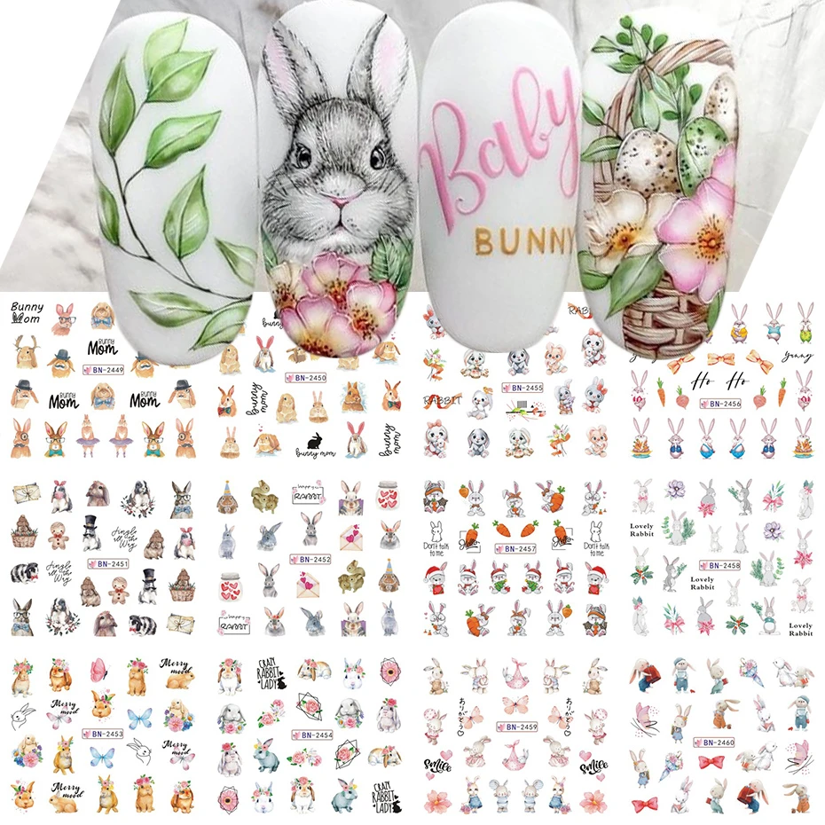 12pcs Cartoon Rabbit Nail Stickers Cute Bunny Ears Winter New Year ...