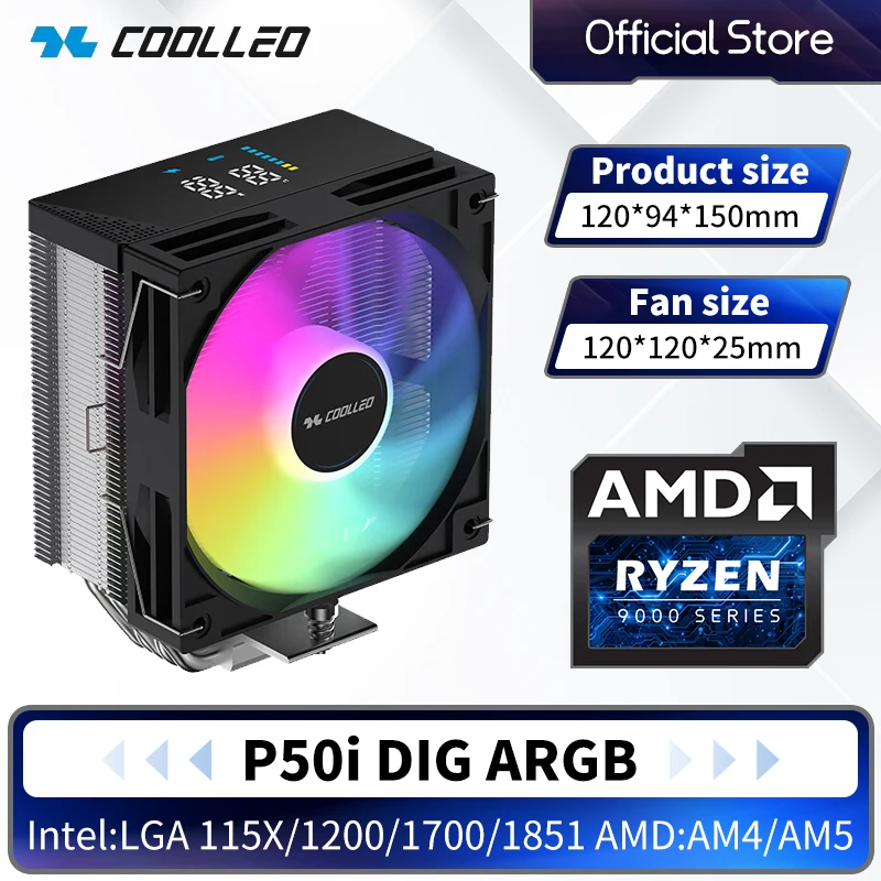 COOLLEO P50i DIG 5 히트파이프 타워 CPU 쿨러 인텔 LGA1700/AMDAM5용 디지털 디스플레이 탑재 PWM ...