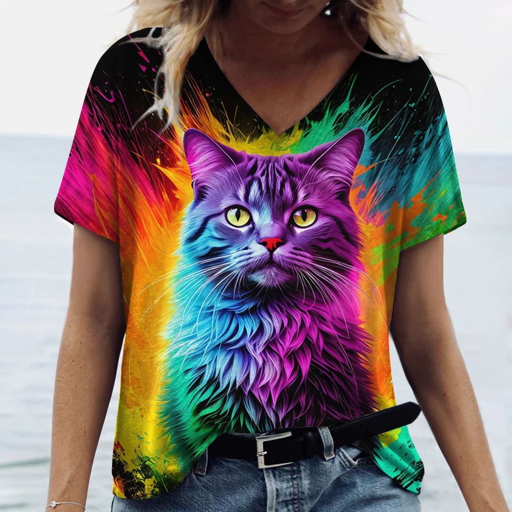 Women-s-T-Shirt-Summer-Colorful-Cat-Print-Female-Clothing-V-Neck-Short ...