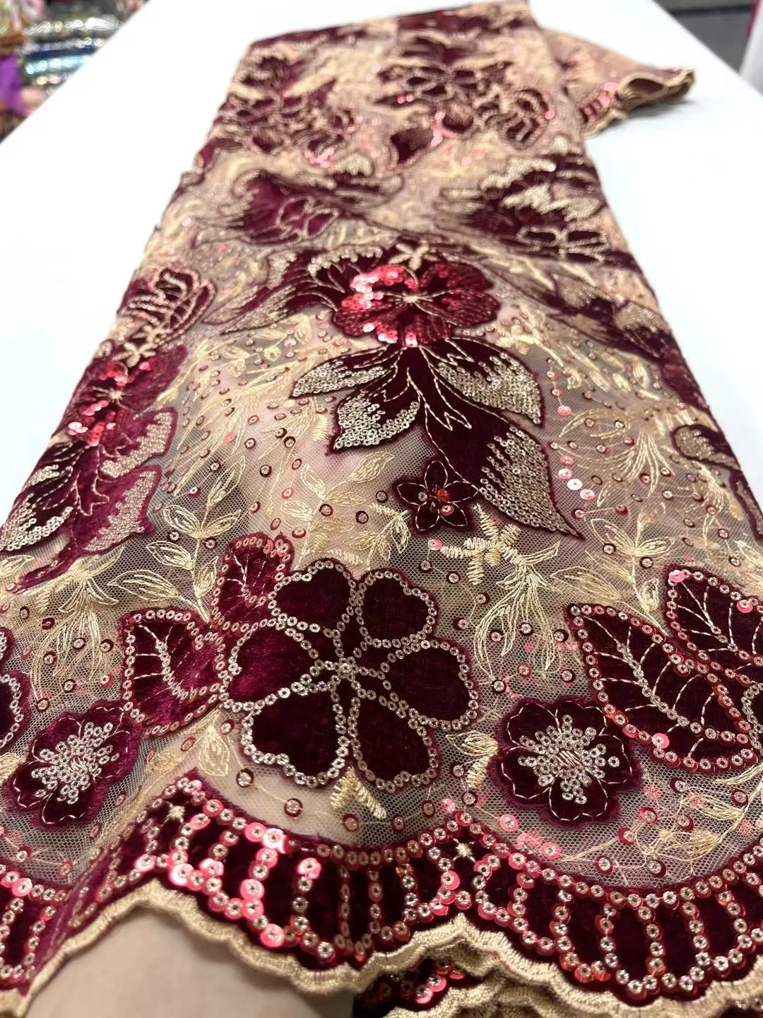 Velvet-African-Lace-Fabric-With-Sequins-Red-French-Embroidery-Nigerian ...