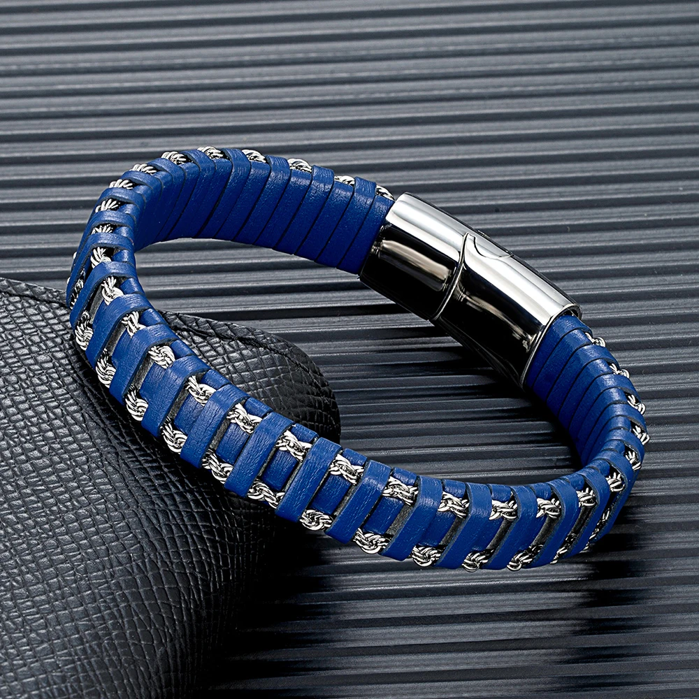 MKENDN-Punk-Men-Stainless-Steel-Link-Chain-Combination-Blue-Leather ...