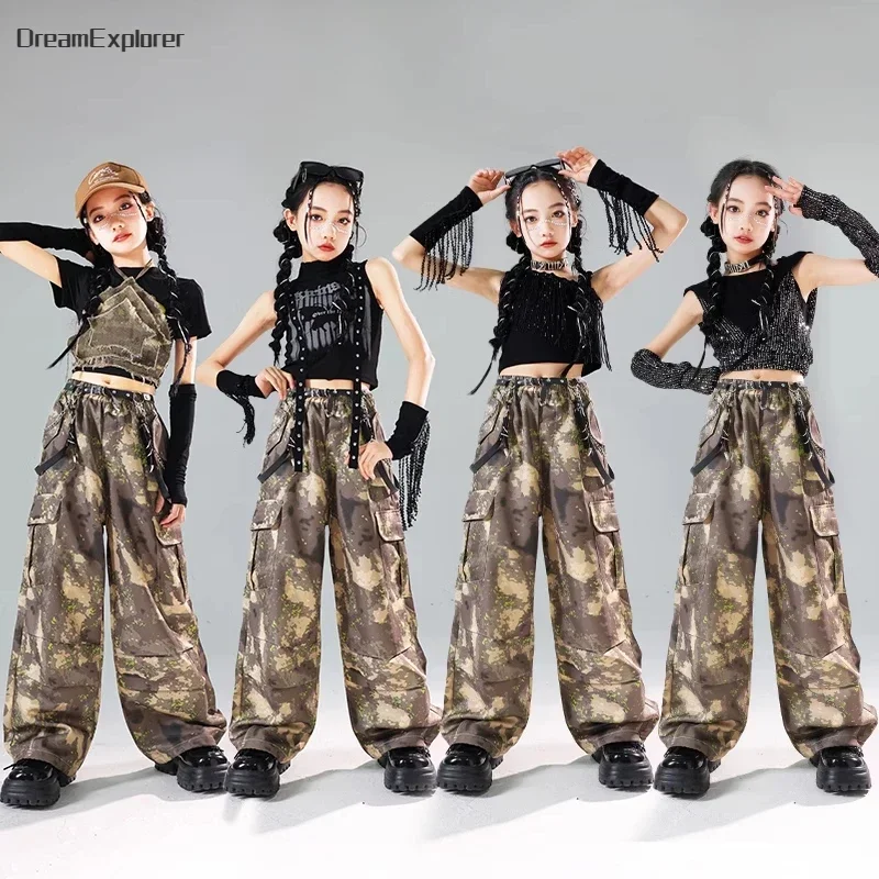 Girls-Sequin-Crop-Hoodies-Street-Dance-Camouflage-Cargo-Pants-Kids-Hip ...
