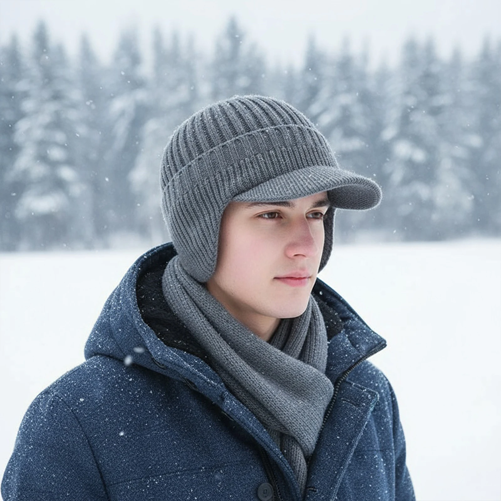 Winter Warm Fleece Lined Knit Hat For Women Men W/Brim & Ear Flaps ...