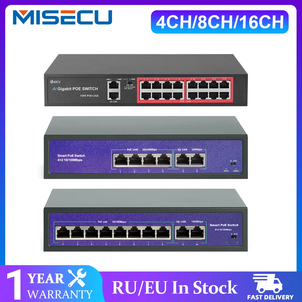 48V Network POE Switch With 4/8/16CH 10/100Mbps Ports IEEE 802.3 af/at ...