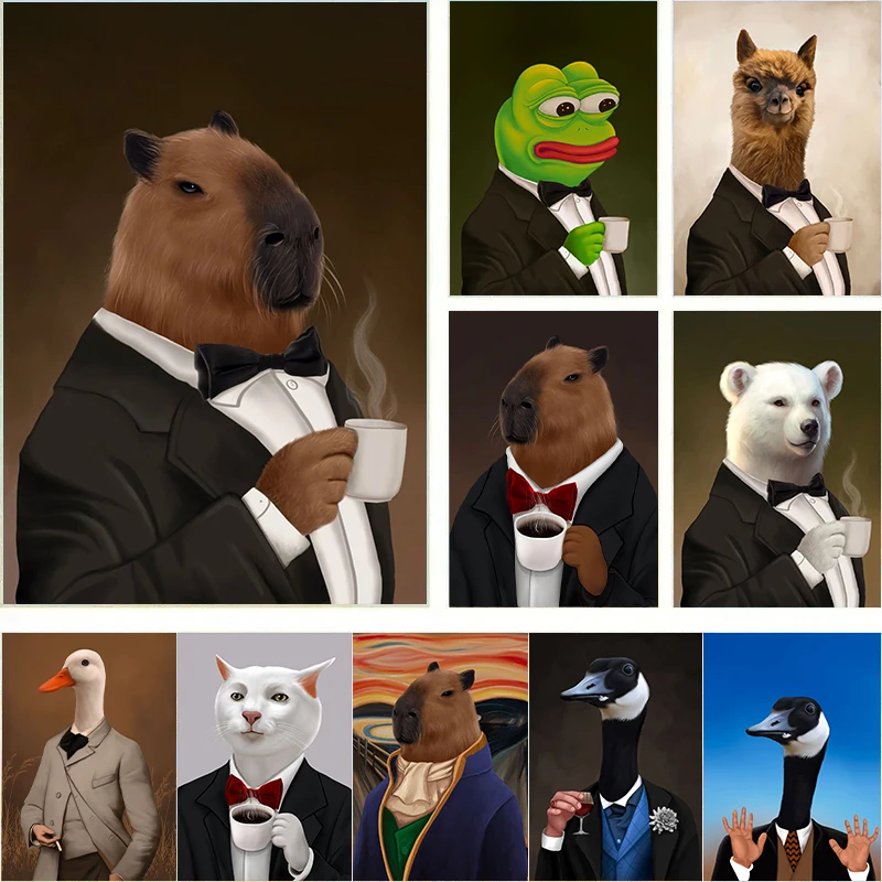 Funny-Memes-Capybara-Duck-Wear-Buiness-Suit-Drink-Coffee-Posters-Canvas ...