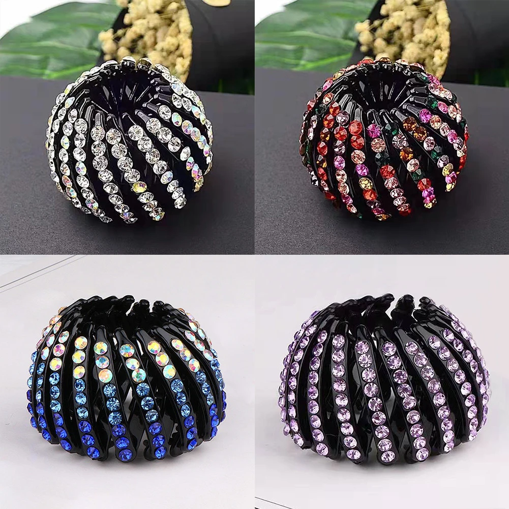 New Women Crystal Bird Nest Hair Claw Girls Rhinestone Bun Maker Curler ...