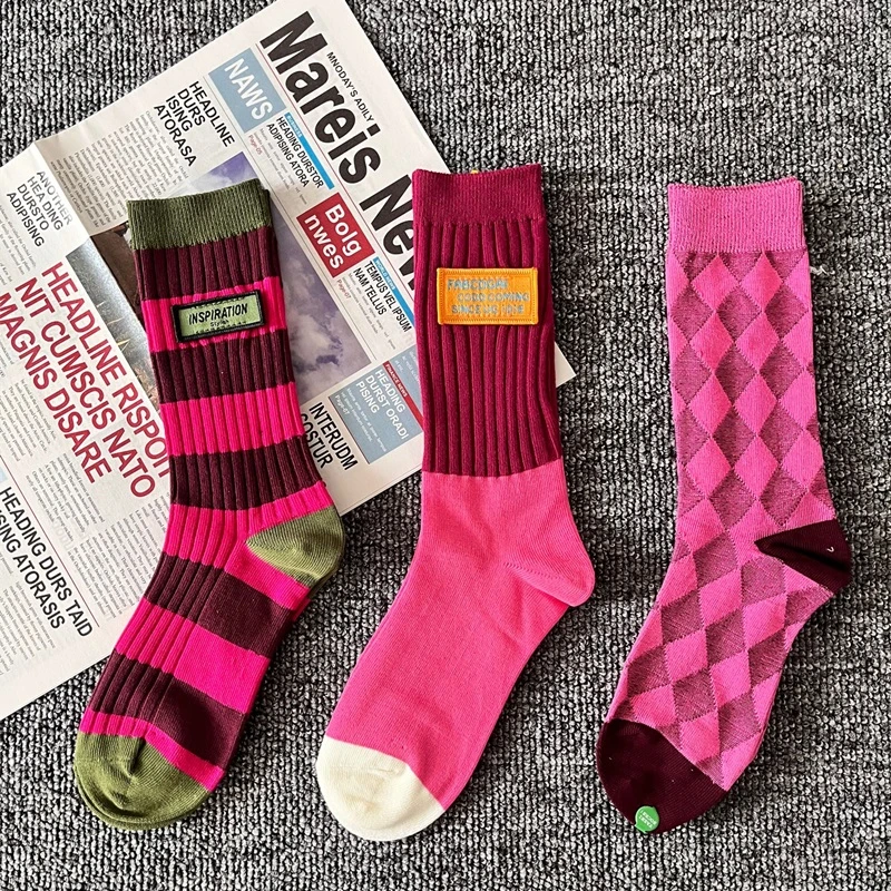 3 pares de meias femininas de alta qualidade Double needle listrado ...