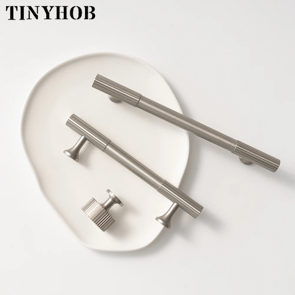 Satin Nickel Solid Brass Cabinet Handle and Knob Linear Knurled Solid Brass Drawer Knobs T Bar ...