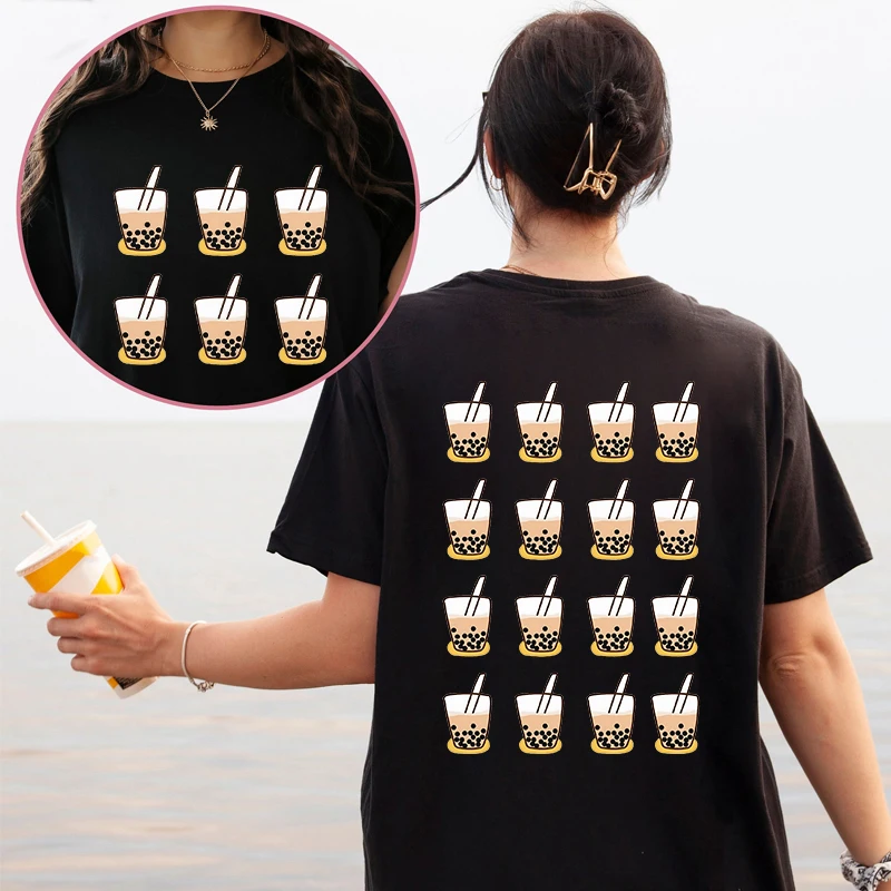 Bubble Tea Boba Print Casual Tee Top Short Sleeve Shirt Lady Clothes ...