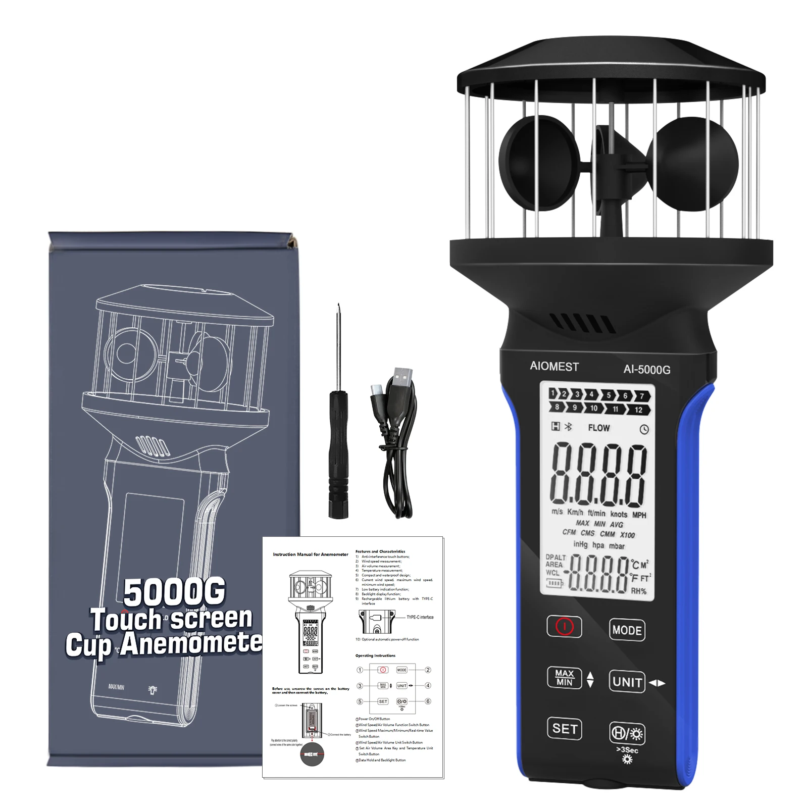 HoldPeak-HP-5000G-Multi-Function-Anemometer-Measures-Wind-Speed-Air ...