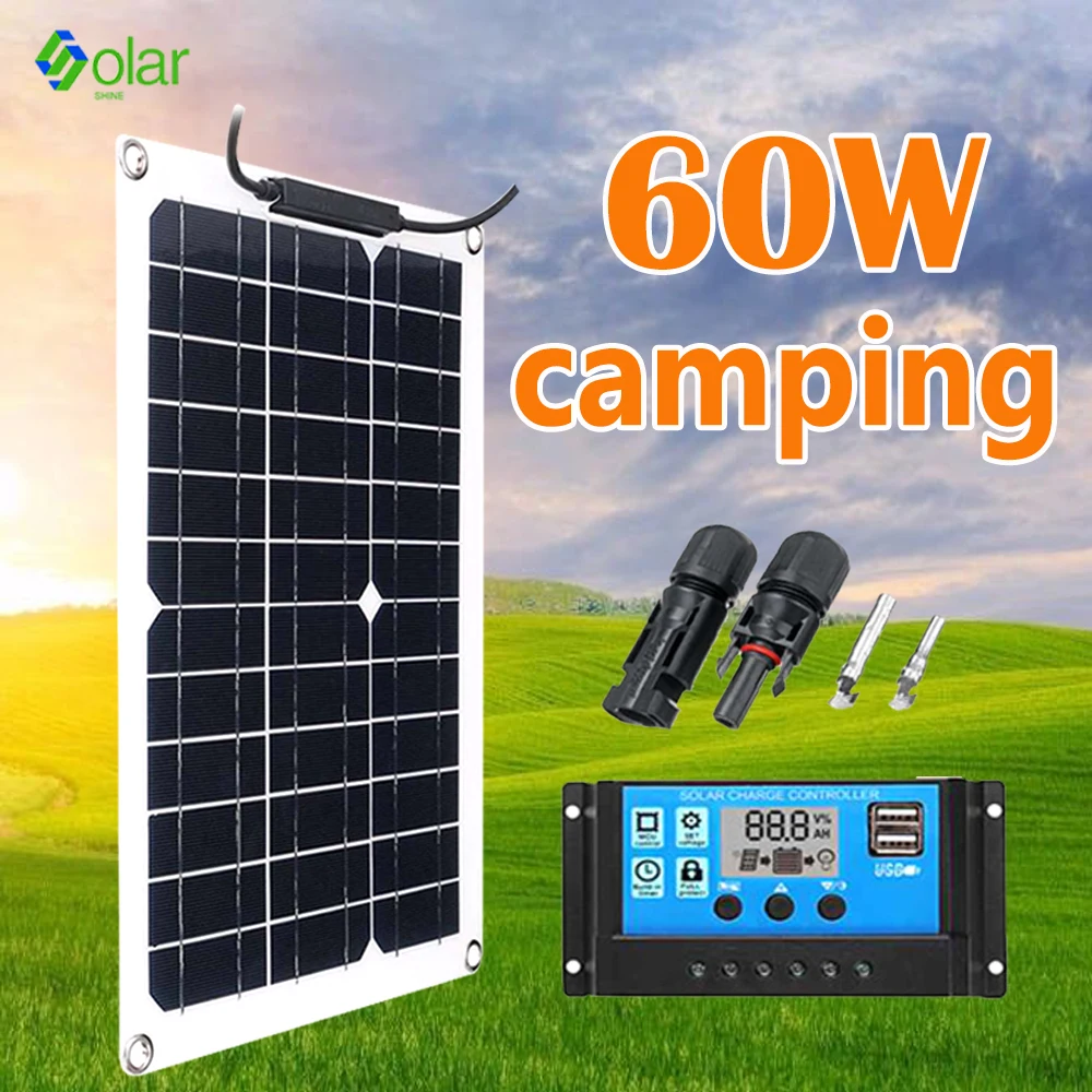 60W-Flexible-Solar-Panel-Kit-Complete-12V-USB-Portable-Solar-Cell-Plate ...