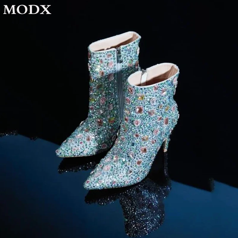 Mixed-Color-Gemstones-Luxury-Short-Boots-Women-Pointed-Toe-Stiletto ...