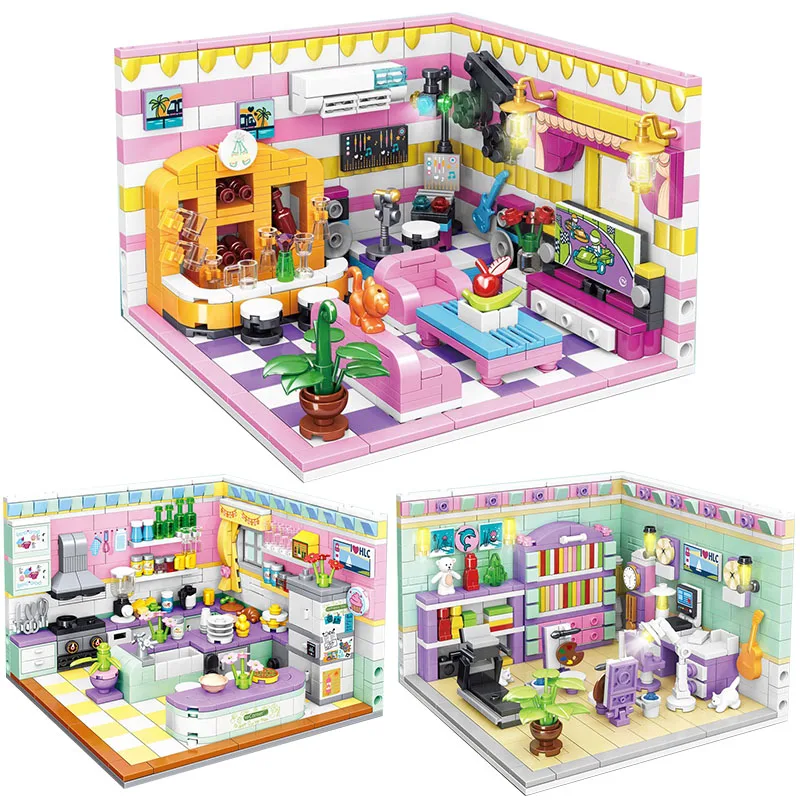 Creative Mini Room Kitchen Bedroom Building Blocks City Friend Play ...