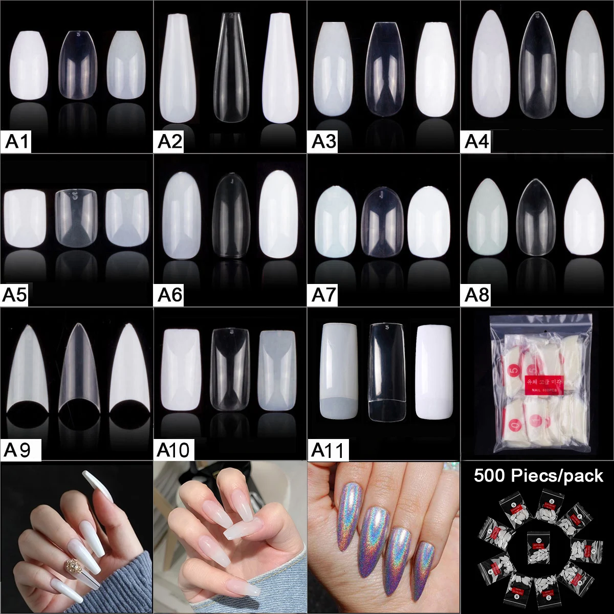 500pcs/pack Short Nails Full Cover Fake Nail Tips Long Coffin Nail Half ...