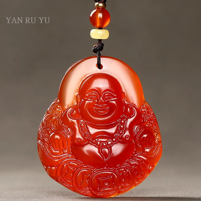 Real Natural Stone Red Agate Pendant Maitreya Buddha Necklace Man Woman ...