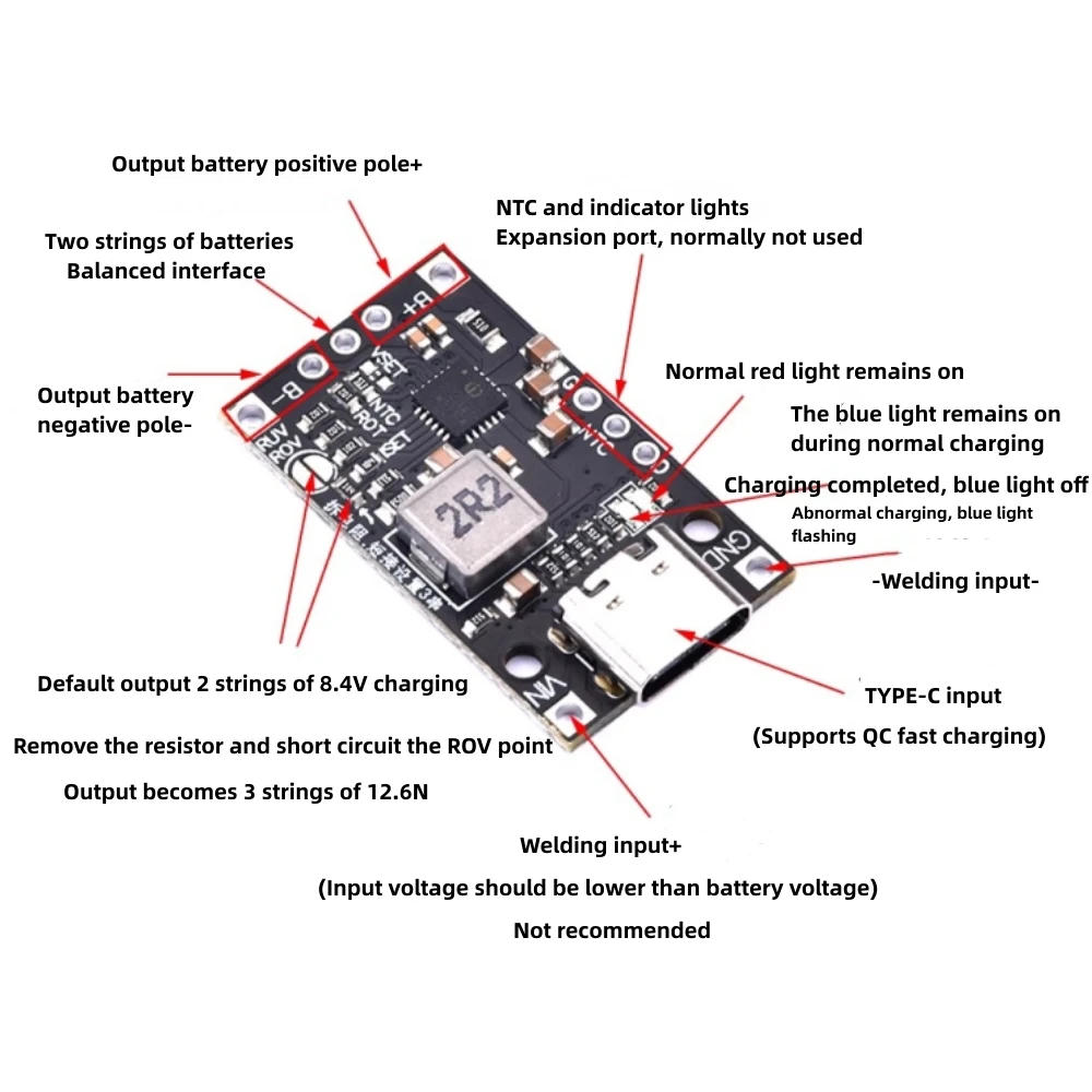 2/3S BMS Type-C USB 15W 8.4V 12.6V 1.5A Lithium Battery Charging Boost Module With Balanced ...