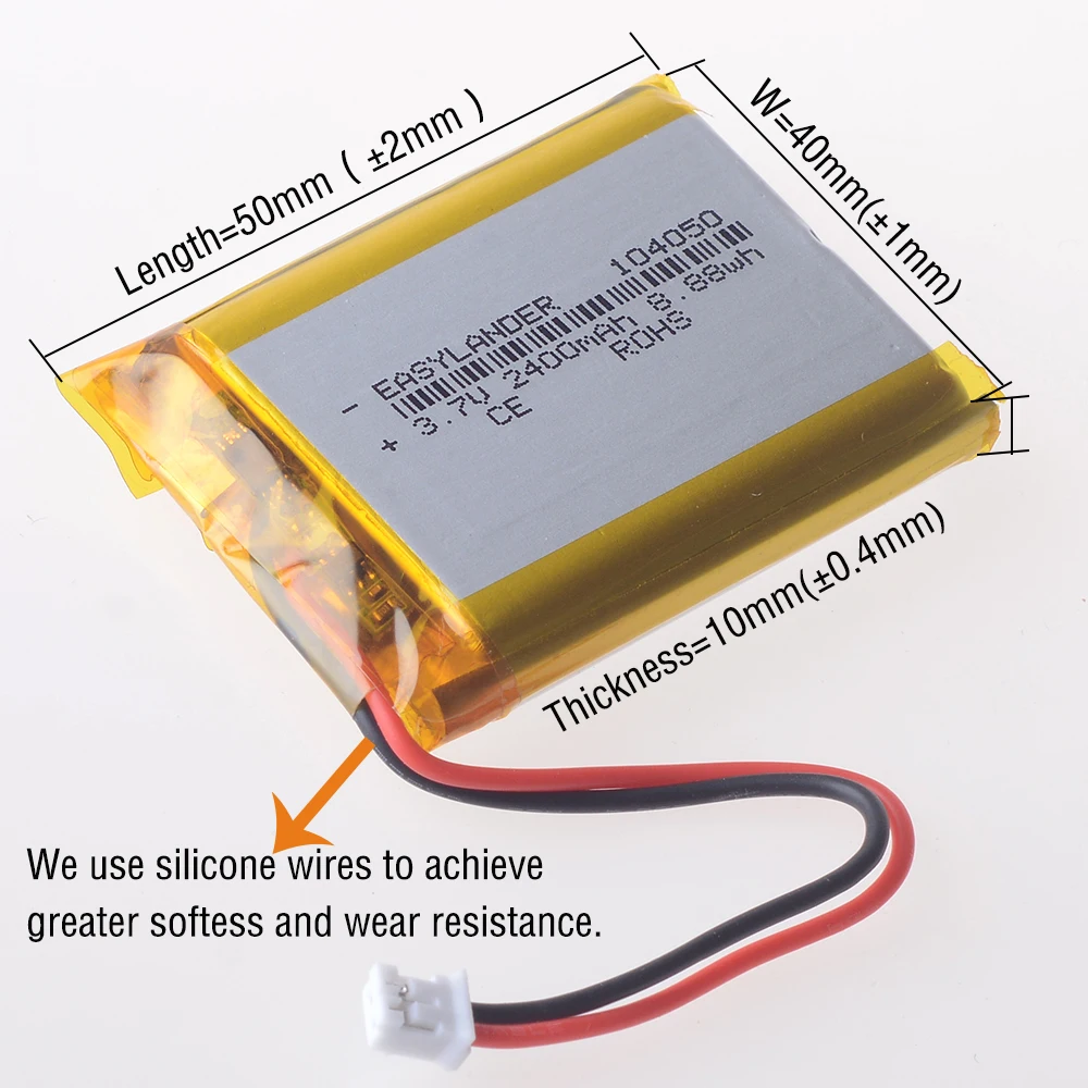 Silicone Wires 104050 CE+Rohs JST2.0 2P 3.7v 2400mAh Rechargeable Li ...