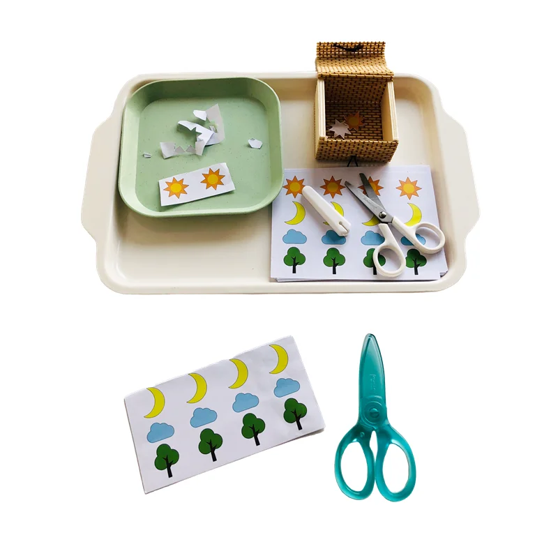 몬테소리 실용적인 생활 활동 어린이 가위 손 눈 조정 미세 운동 기술 어린이 작업 종이 자르기 게임