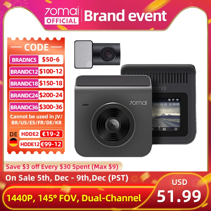 70mai Dash Cam A400 Car DVR 145° FOV 1440P Resolution 70mai A400 Car Recorder Support Rear Cam ...