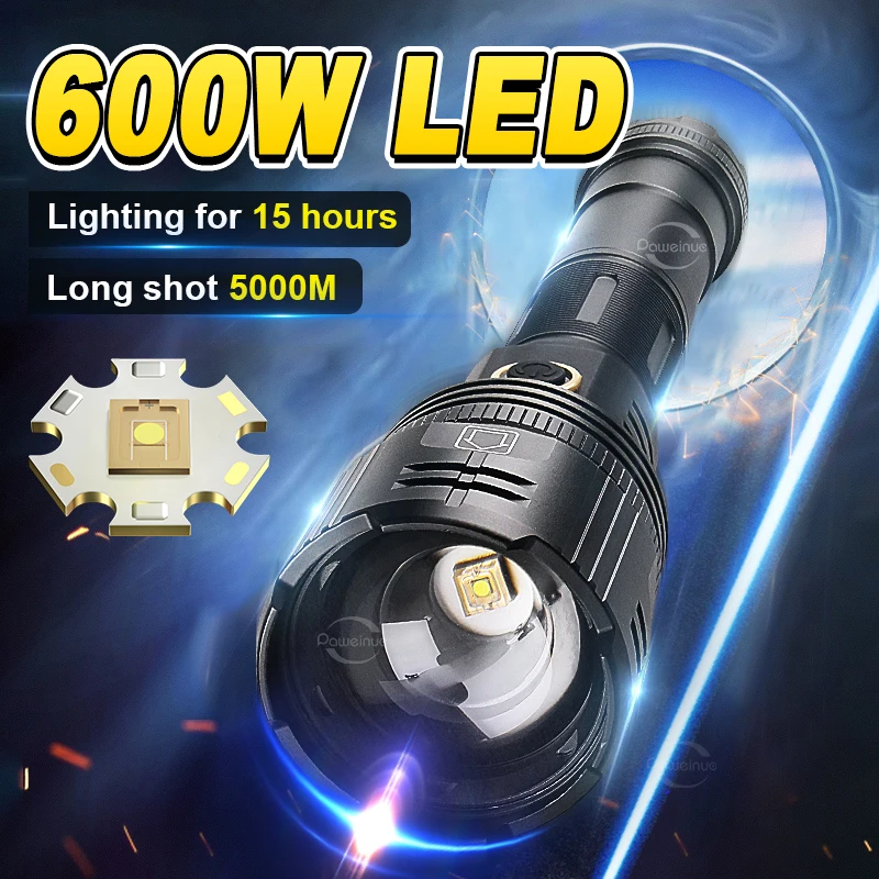 9990000LM 600W Rechargeable Flashlight with USB Charging Powerful ...