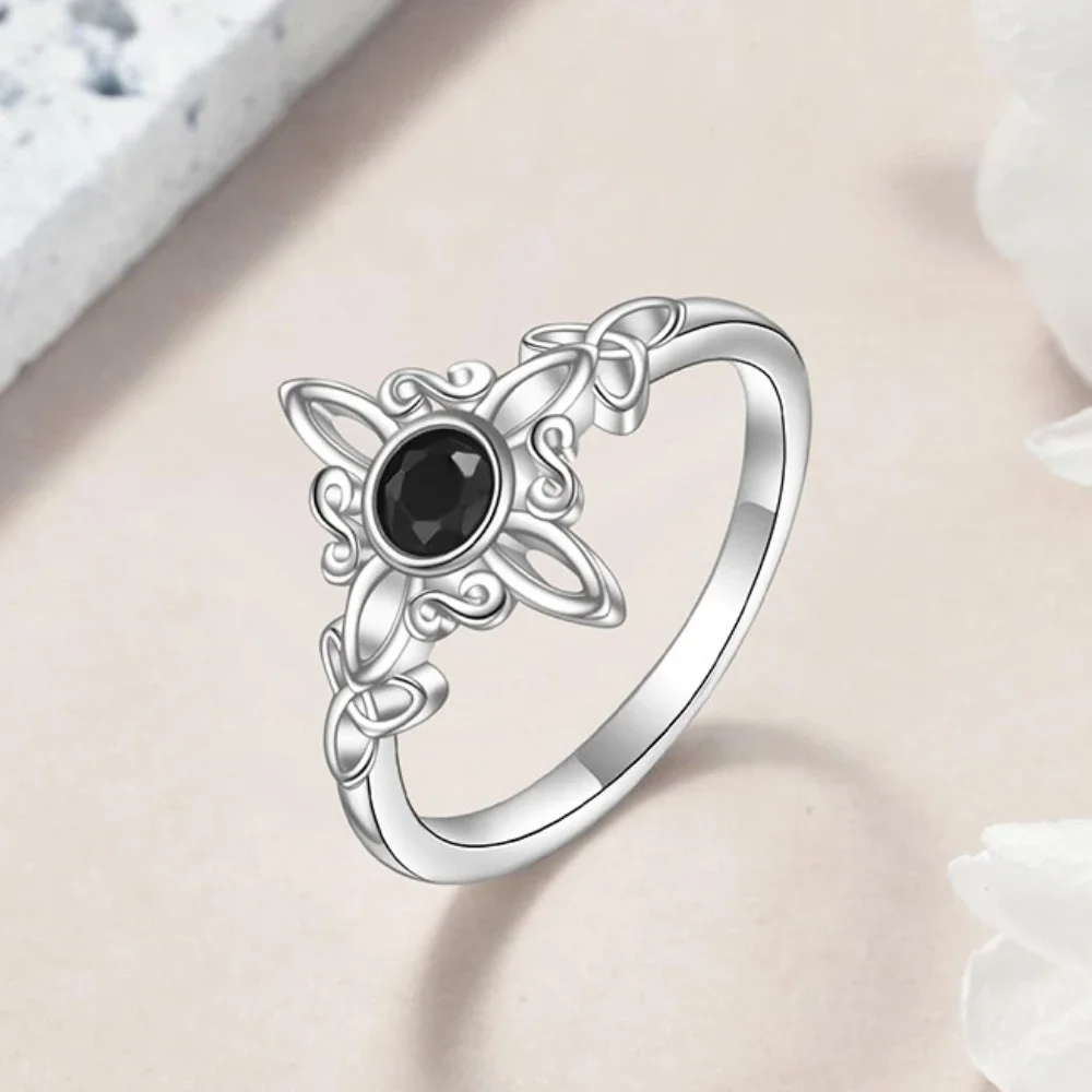 925 Silver Plating Witches Knot Rings for Women Obsidian Celtic Trinity ...