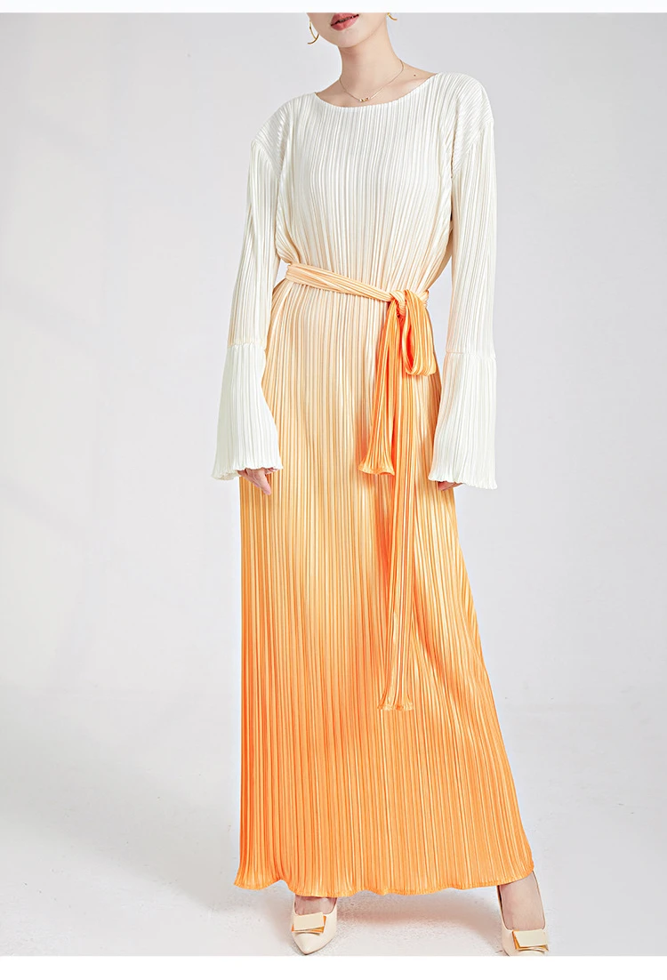 Gradient-Long-Sleeve-Pleated-Belt-Dress-Women-s-Round-Neck-Flare-Sleeve ...