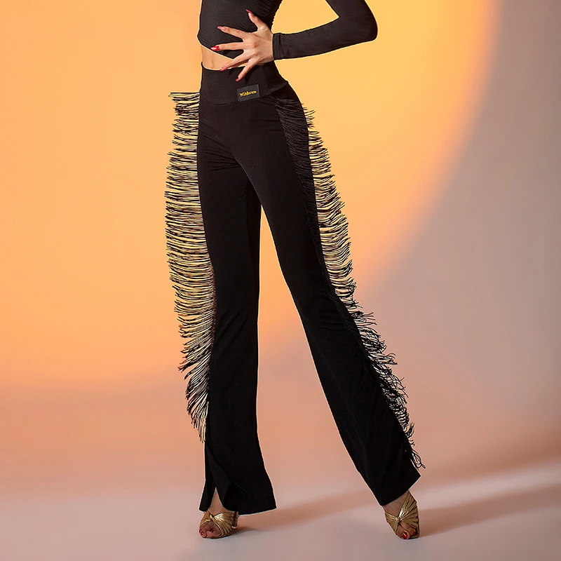 Black Fringed Latin Dance Pants Women Sexy Slit Pants Professional ...