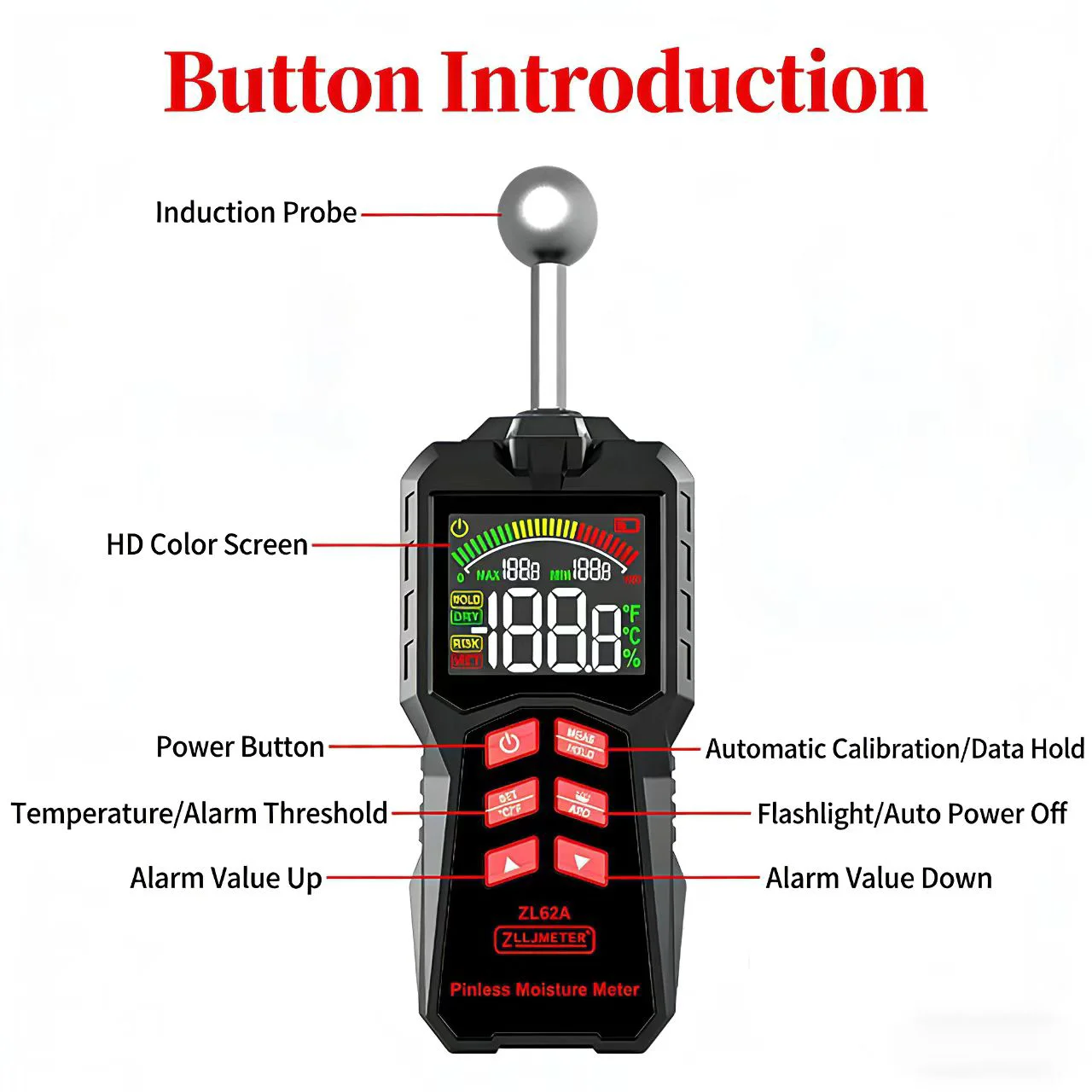 Digital Wood Moisture Meter Non-destructive Spherical Hygrometer Record ...