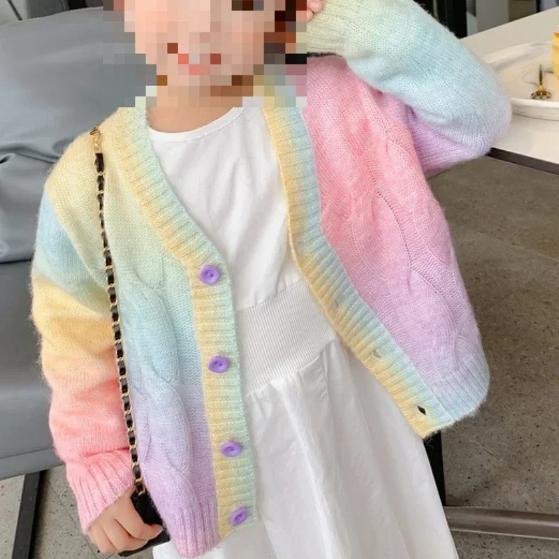 Girls' Sweater Autumn Outfit Gradient Color Cardigan Knitted Sweater ...