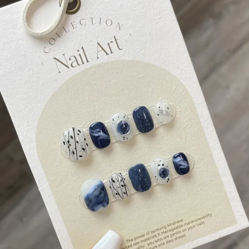 Conjunto-de-unhas-falsas-destac-vel-azul-curto-artesanal-para-meninas ...