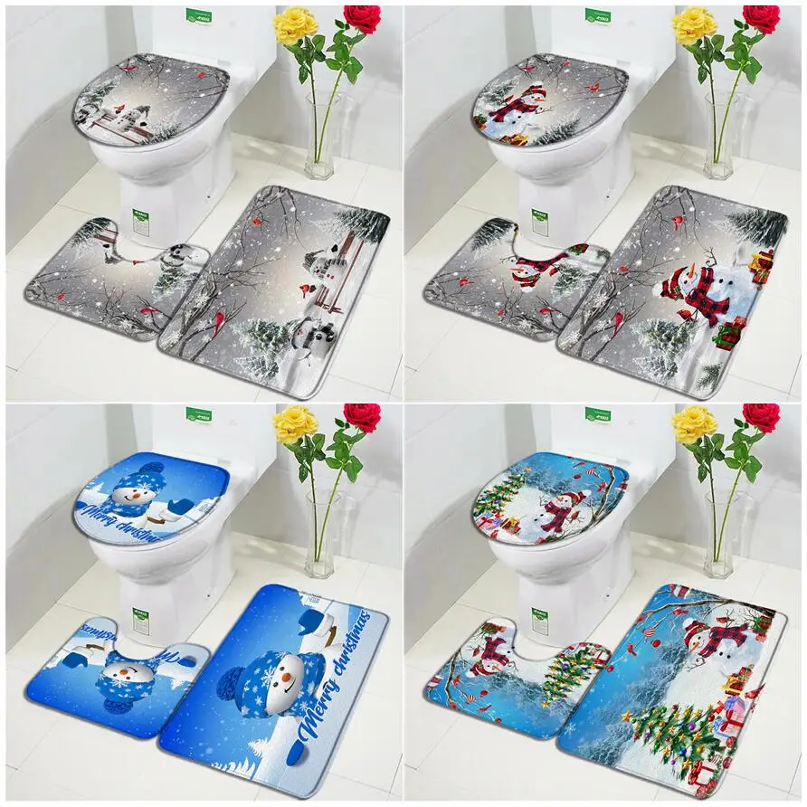 Funny-Christmas-Bath-Mat-Set-Cute-Snowman-Xmas-Trees-Winter-Forest-New ...
