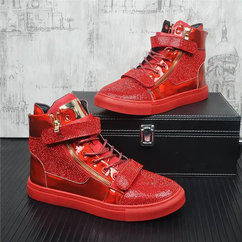 Bling Bling Men Rhinestones Sneakers Hook & Loop Lace-up Casual Sports ...